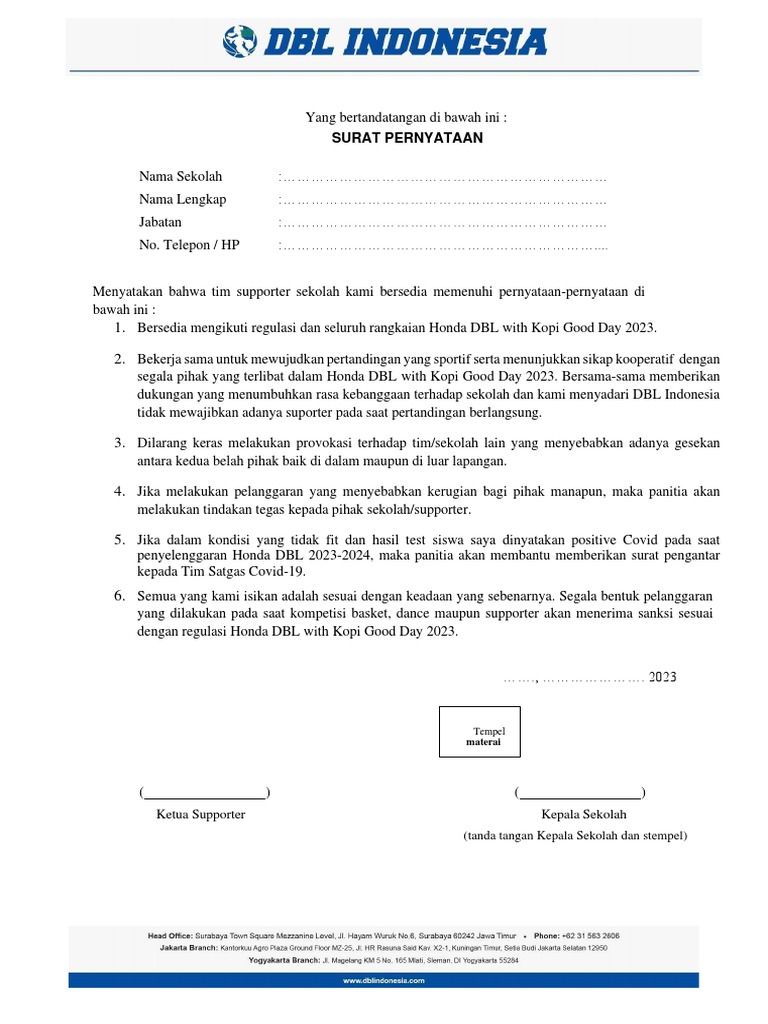 Surat Pernyataan Kepsek DBL 2023 | PDF
