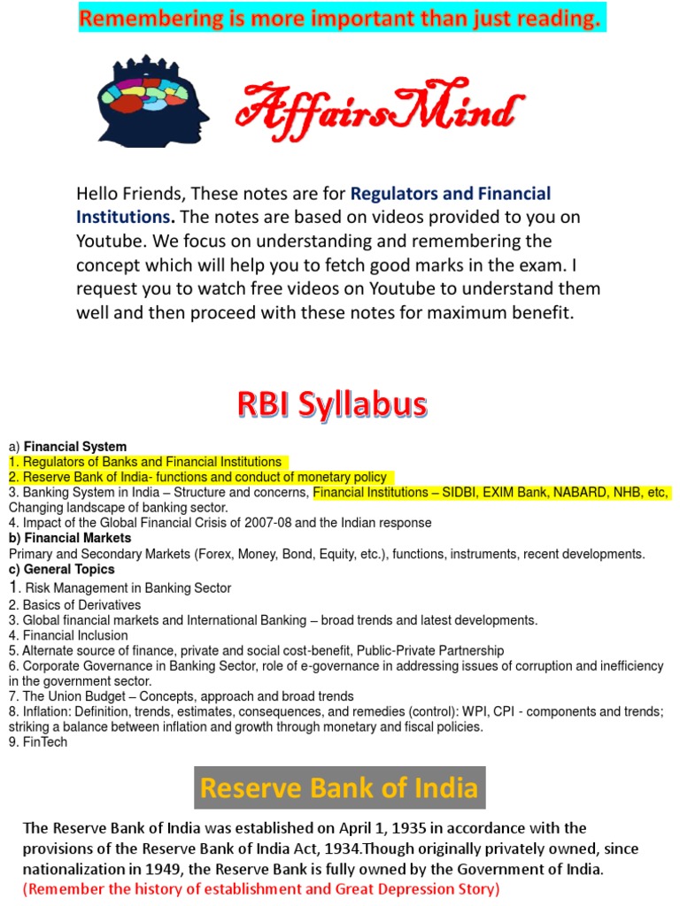 Regulators and Financial Institutions PDF | PDF | Reserve Bank Of India ...