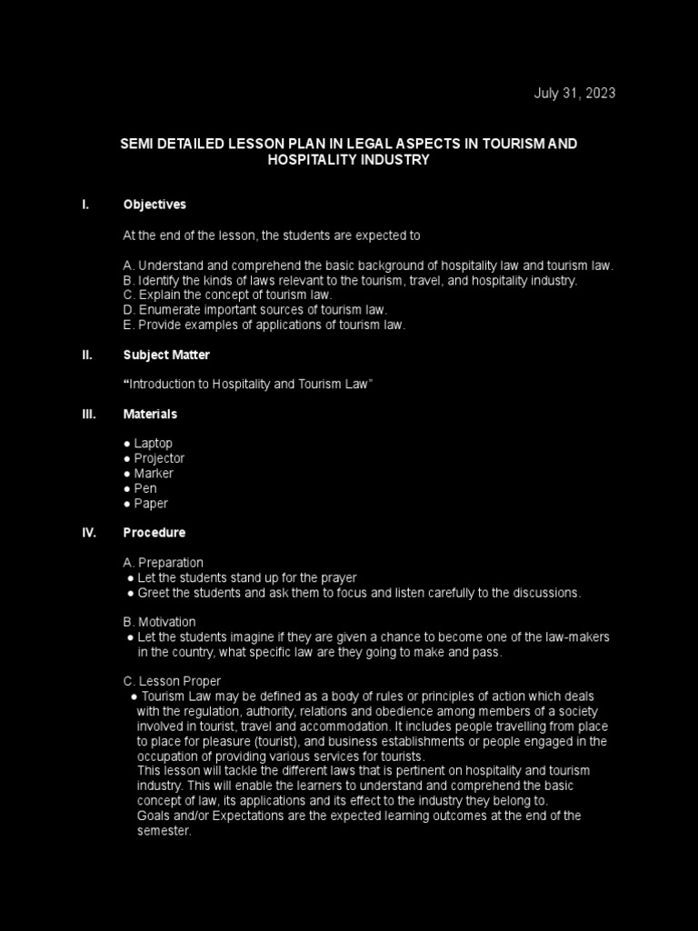 Lesson Plan in Legal Aspects in Tourism and Hospitality Industry | PDF ...