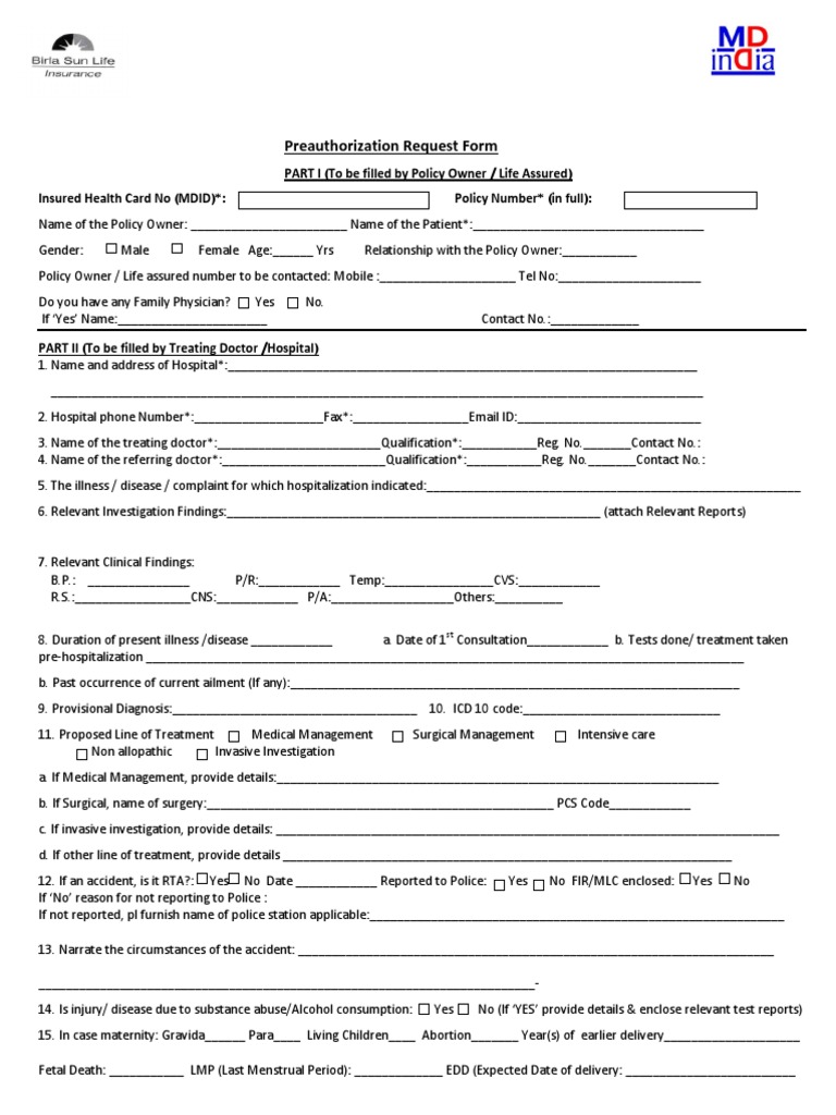 Preauthorization Request Form - Final | PDF | Hospital | Insurance