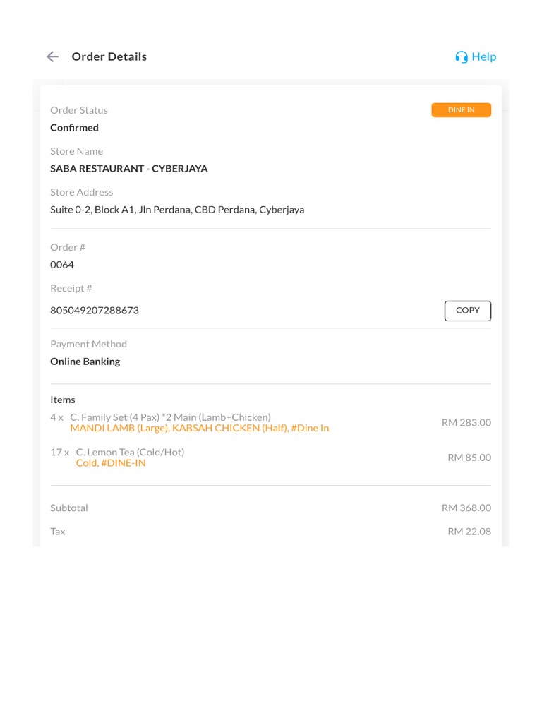 Order Confirmation for Saba Restaurant | PDF