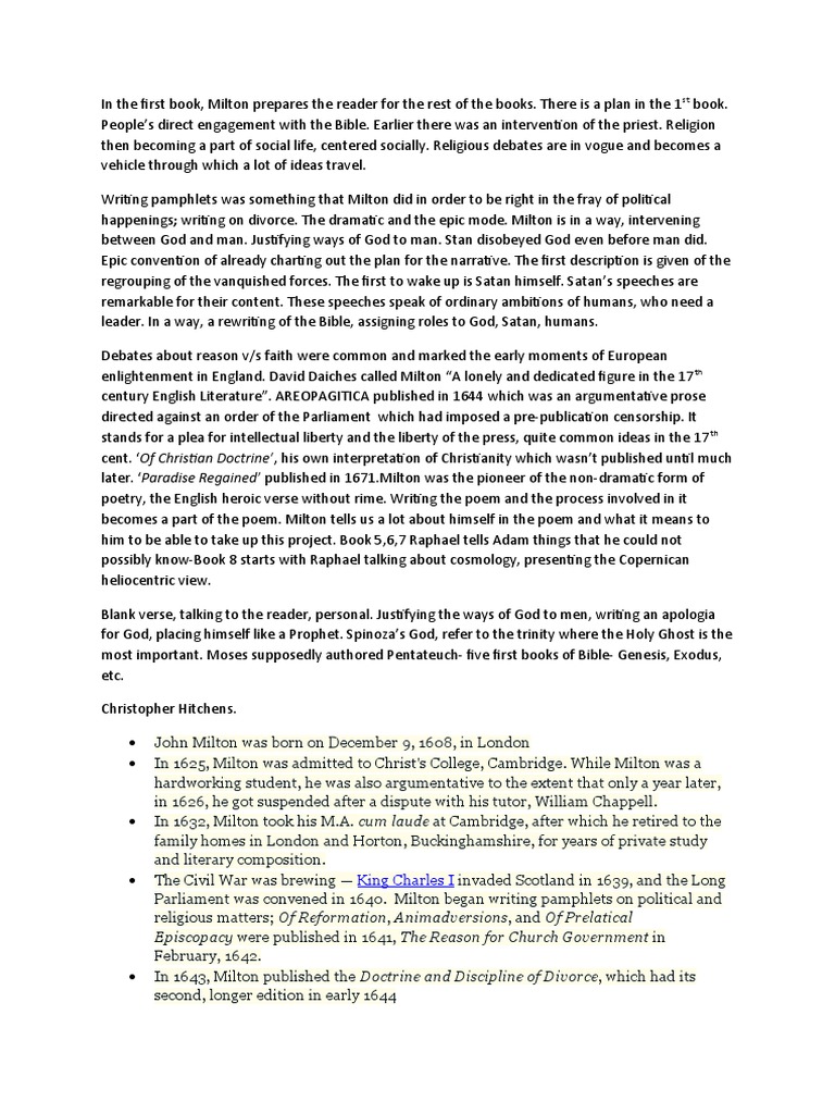 Milton Notes | PDF | John Milton | Paradise Lost