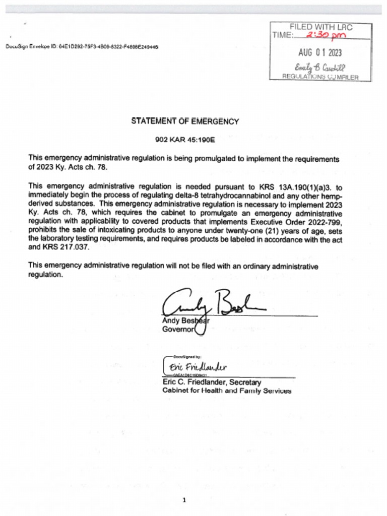 Ky Delta 8 Emergency Regs 902 KAR 45 - 190E | PDF