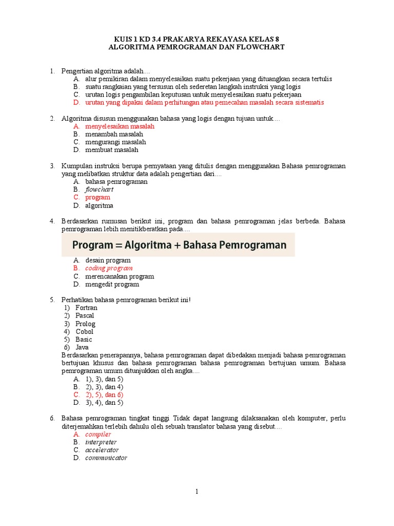 Soal Kuis KD 3.4 Algoritma, Pemrograman & Flowchart Untuk Siswa | PDF