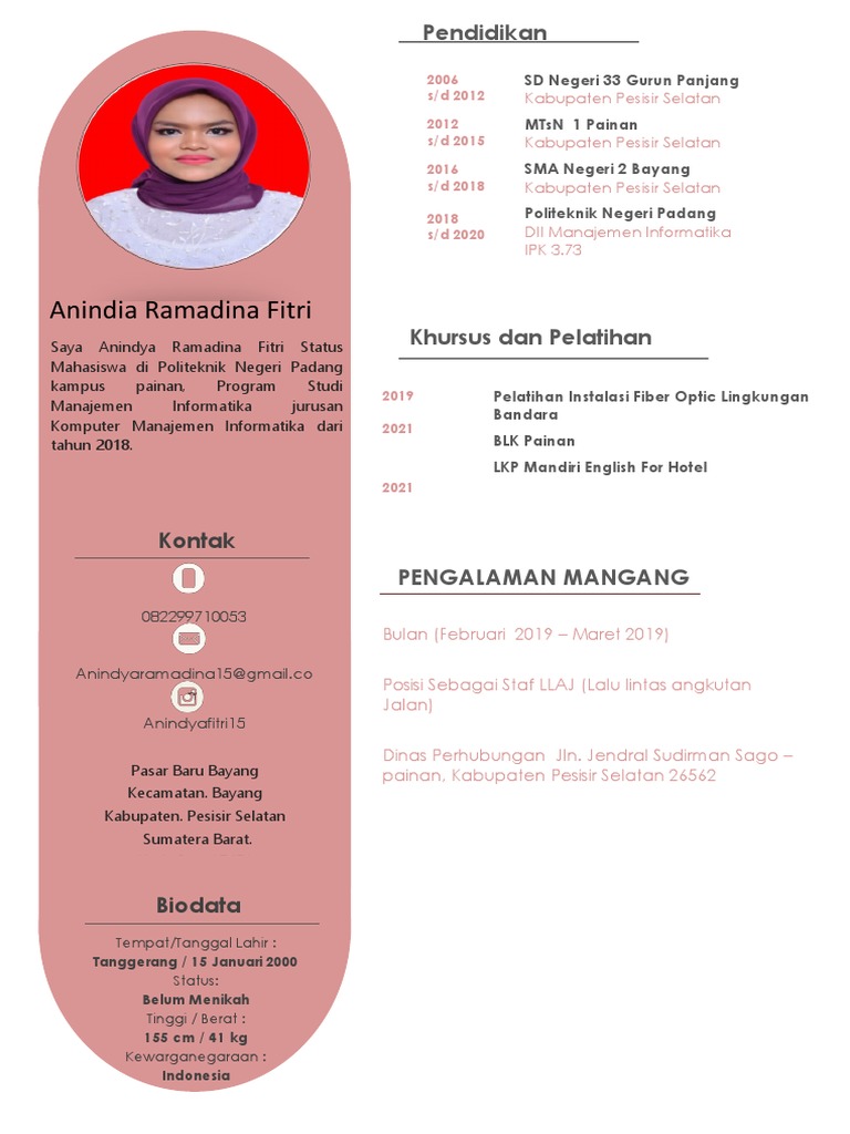 Biodata Anindia Ramadina Fitri | PDF