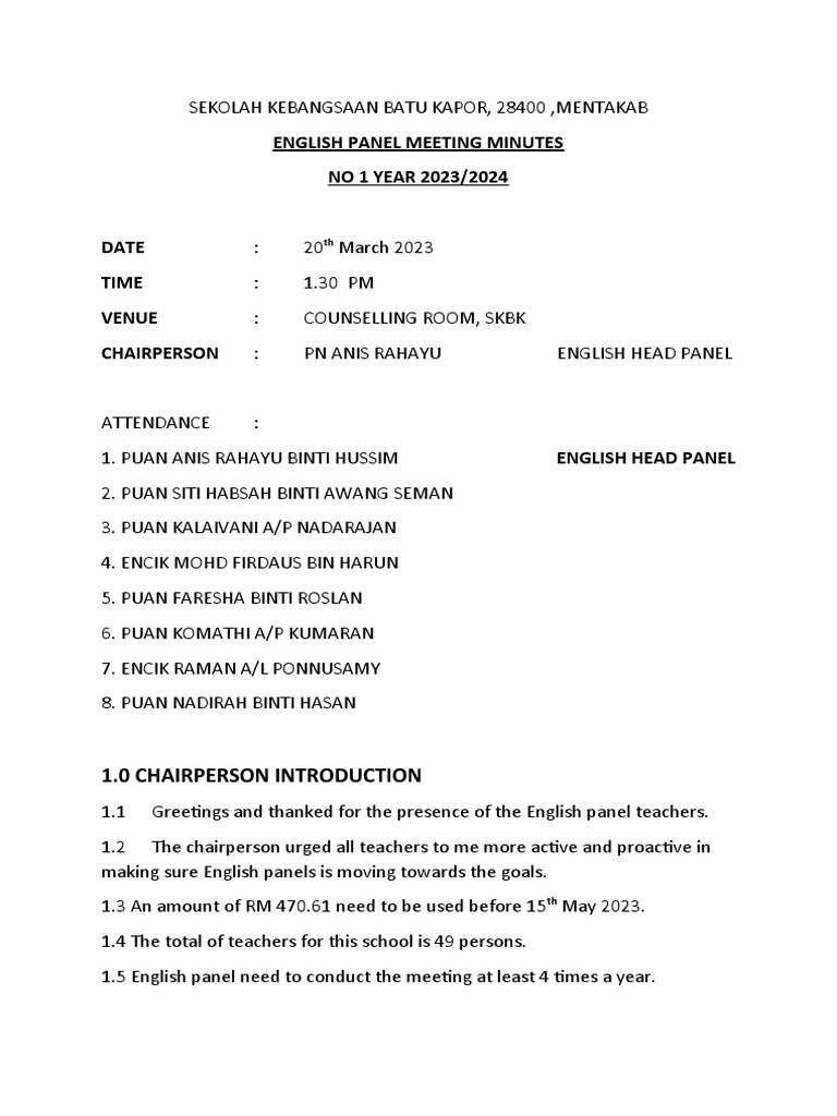 Minit Mesyuarat English Panel Bil 1 2023 SKBK | PDF