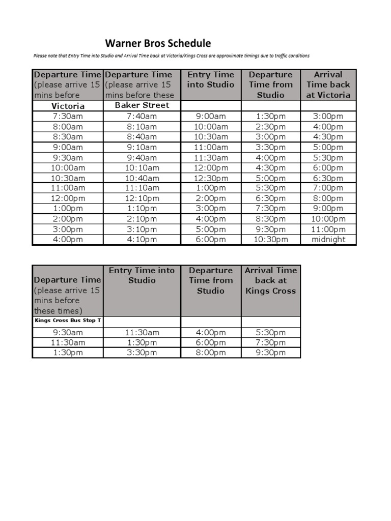 Warner Bros Studio Tour London Timetable | PDF