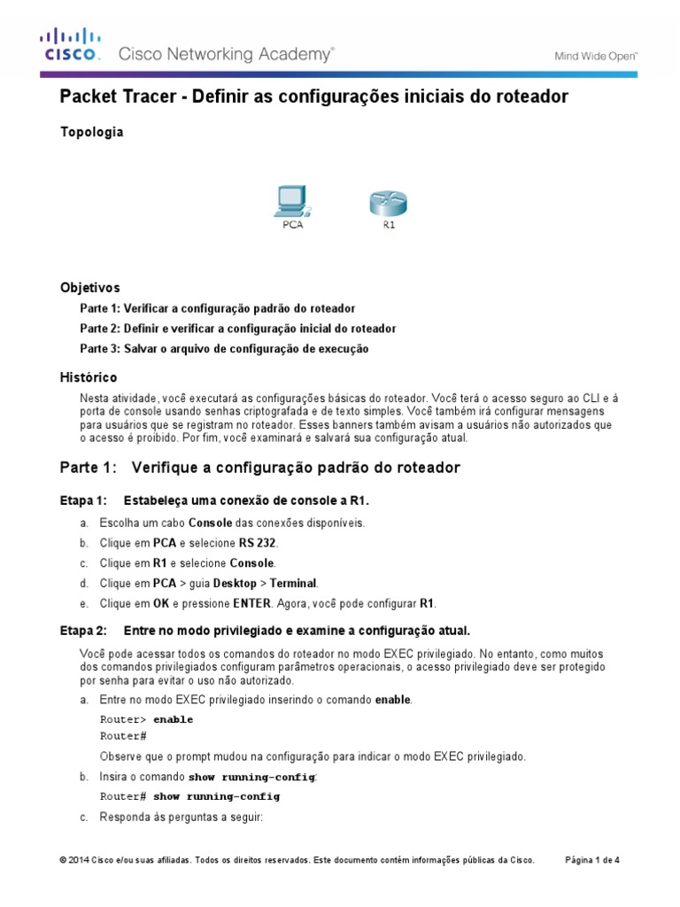 6.4.1.2 Packet Tracer - Configure Initial Router Settings Instructions | PDF | Armazenamento de ...
