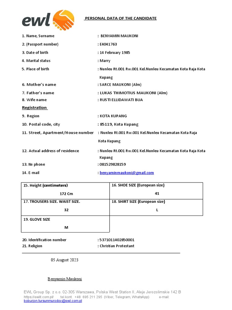 English Application Form EWL-Baru | PDF