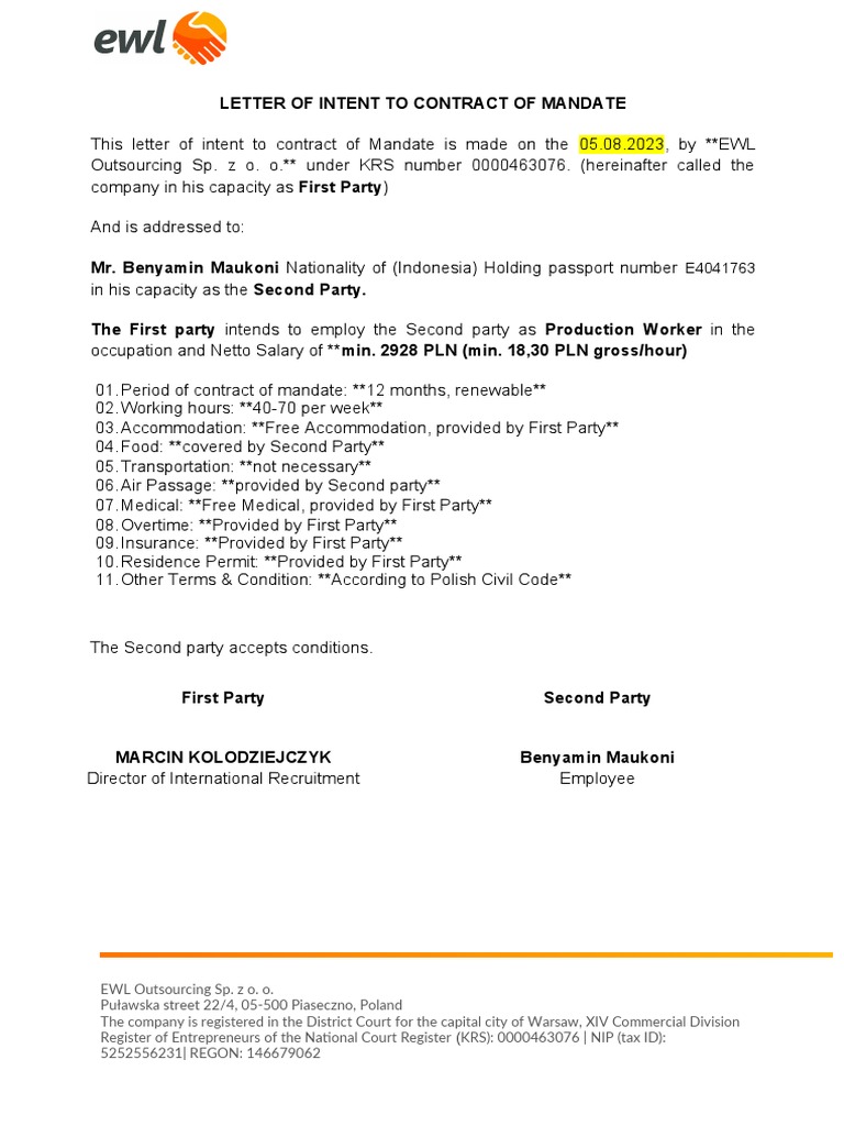 Letter of Intent To Contract of Mandate-Ewl | PDF
