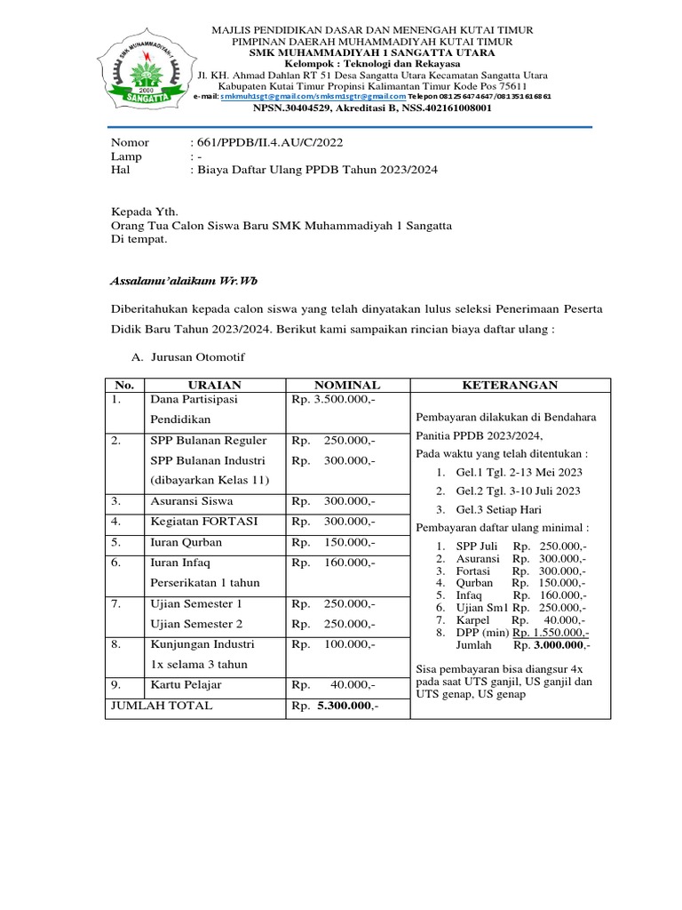 Biaya Daftar Ulang PPDB 2023-2024 Rev | PDF