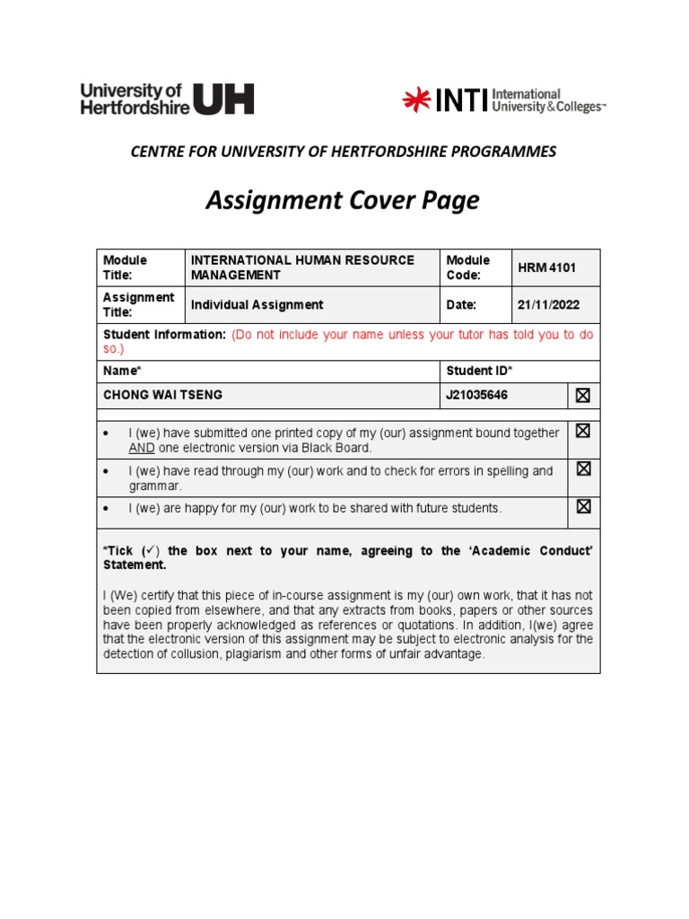 Assignment Cover Page: Centre For University of Hertfordshire ...