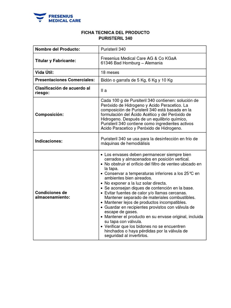 Ficha Tecnica Puristeril 340 | PDF | Hemodiálisis | Química