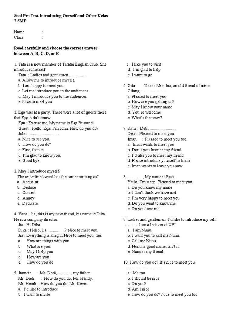 Soal Latihan Introducing Oneself and Other Kelas 7 SMP | PDF Soal Latihan Introducing Oneself and Other Kelas 7 SMP | PDF