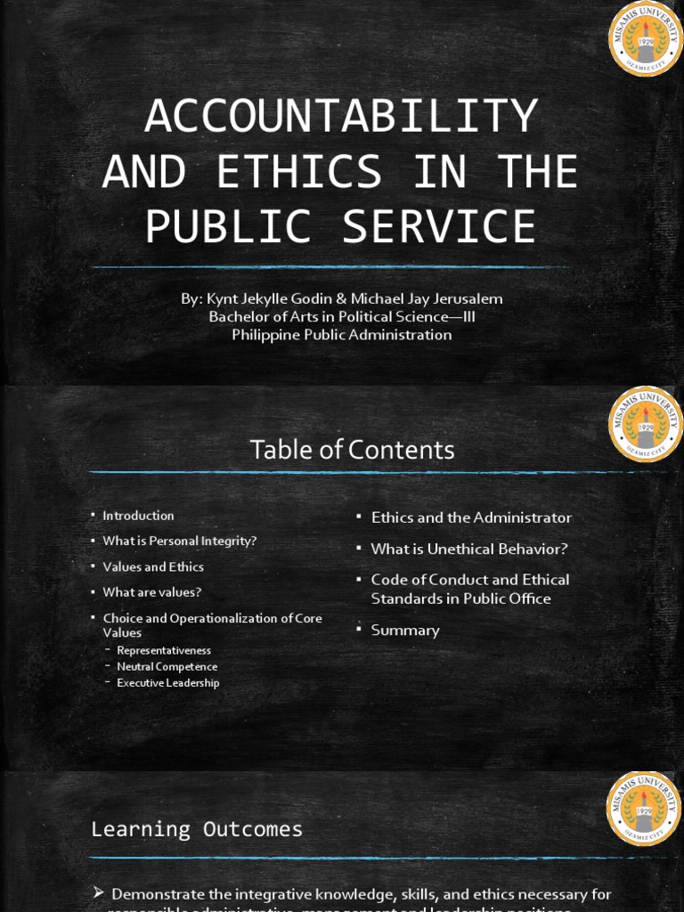 Ethics and Accountability in Public Service | PDF | Integrity | Leadership