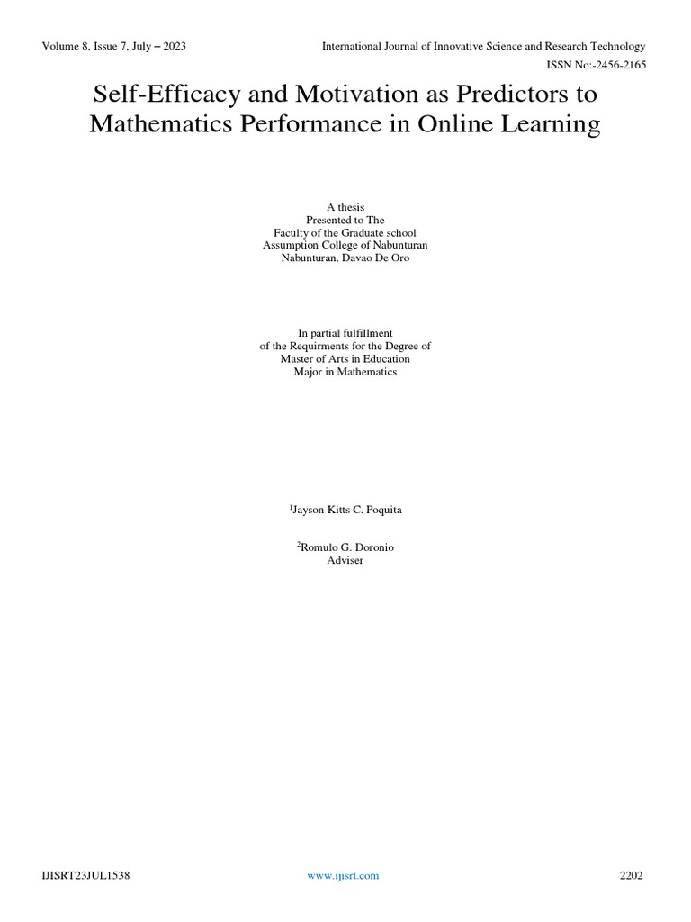 Self-Efficacy and Motivation As Predictors To Mathematics Performance in Online Learning | PDF ...