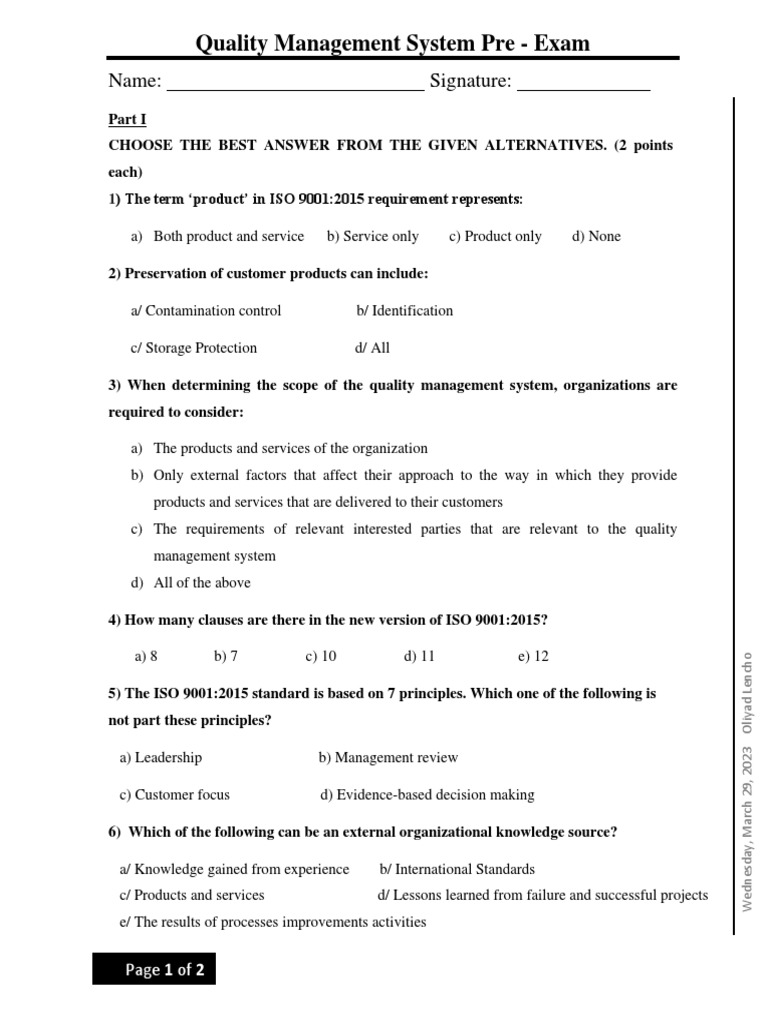 QMS Pre Exam | Download Free PDF | Quality Management | Quality ...