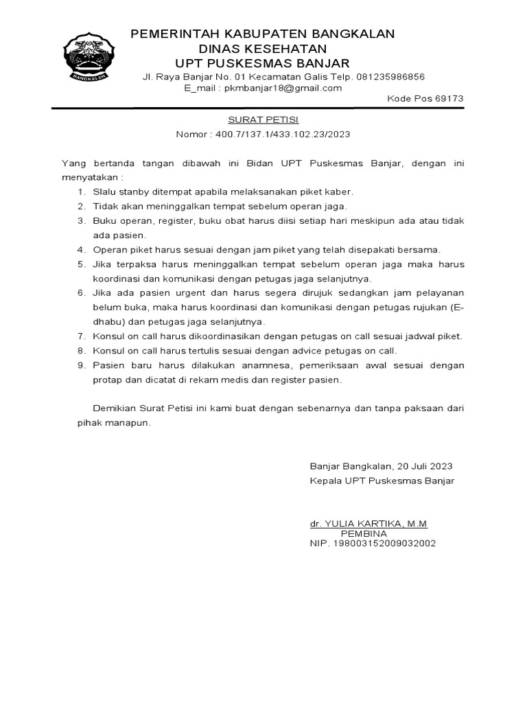 Surat Petisi Puskesmas Banjar Bangkalan | PDF