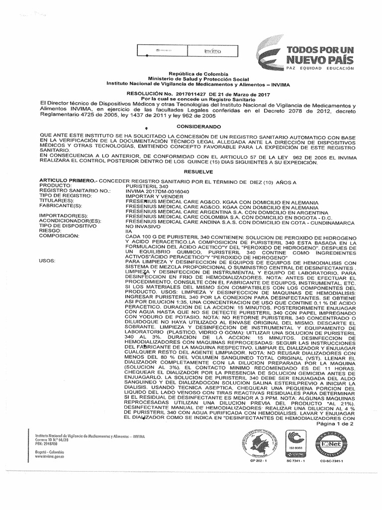 Res 2017011427. Renovación RS. Puristeril 340. 20124776 | PDF