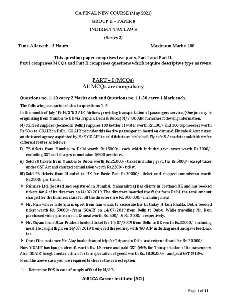 Indirect Tax Laws CA Final Question Paper | PDF | Value Added Tax | Taxes
