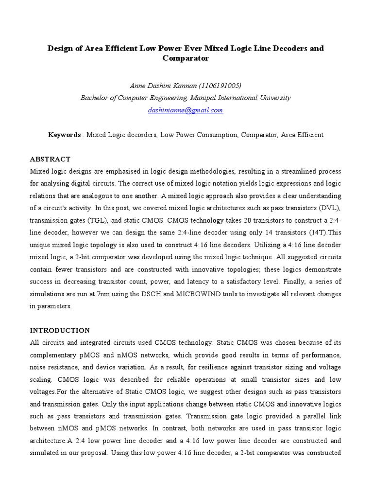 Design of Area Efficient Low Power Ever Mixed Logi | PDF | Logic Gate | Cmos