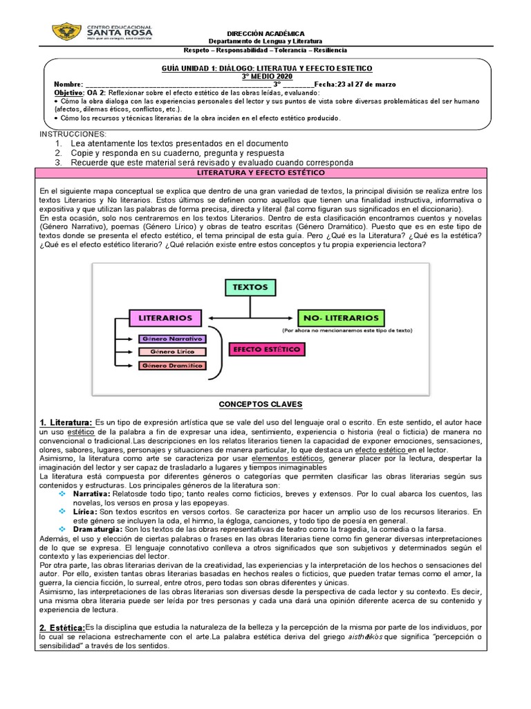 GUIA Autoaprendizaje 2 UNIDAD 1 LENGUAJE 3° Medio ESTETICA | PDF ...