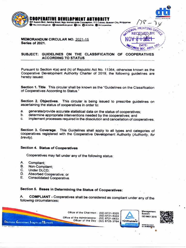 CDA MC-2021-15 Classification of Cooperative Status | PDF