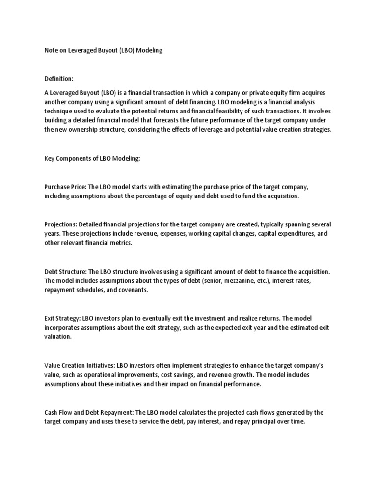 Leveraged Buyout (LBO) Modeling Guide | PDF | Leveraged Buyout | Debt