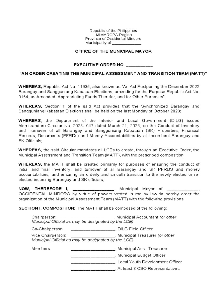 Sample EO Creation of MATT Inventory and Turnover | PDF | Governance | Justice