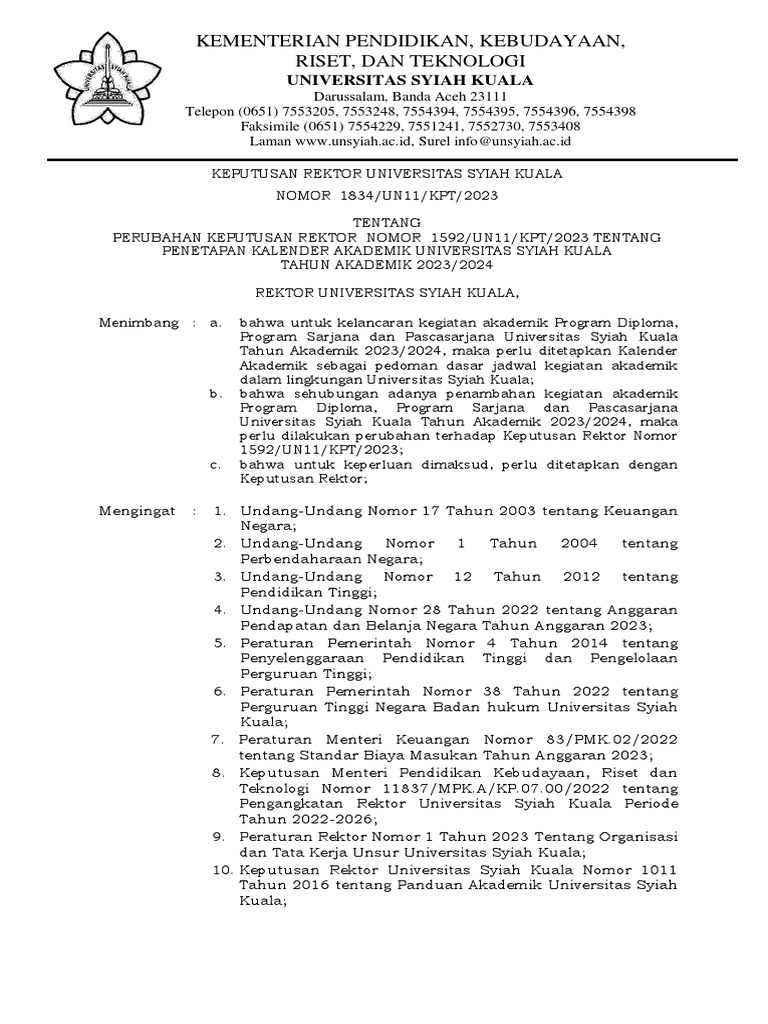SK Kalender Akademik Revisi 2023 2024 | PDF