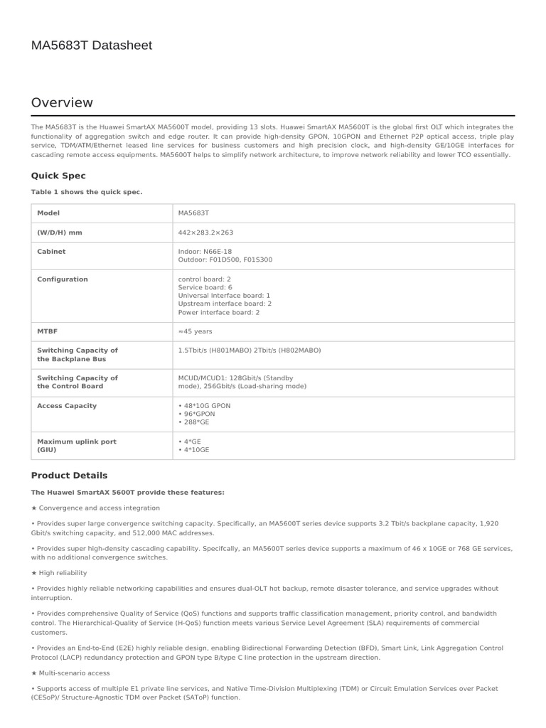 MA5683T-OLT Datasheet | PDF | I Pv6 | Network Switch