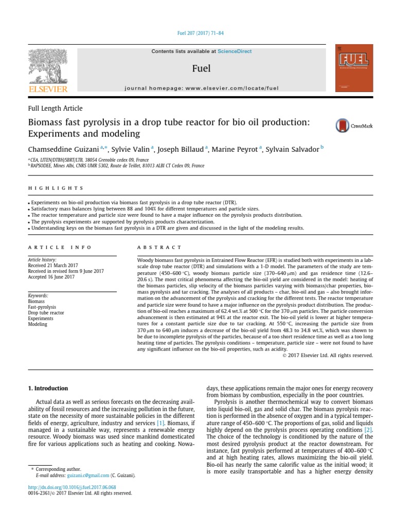 Biomass Fast Pyrolysis in A Drop Tube Reactor For Bio Oil Production Experiments and Modeling ...