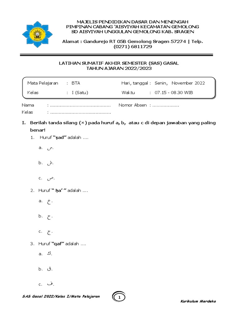 Latihan Soal BTA KLS 1 | PDF