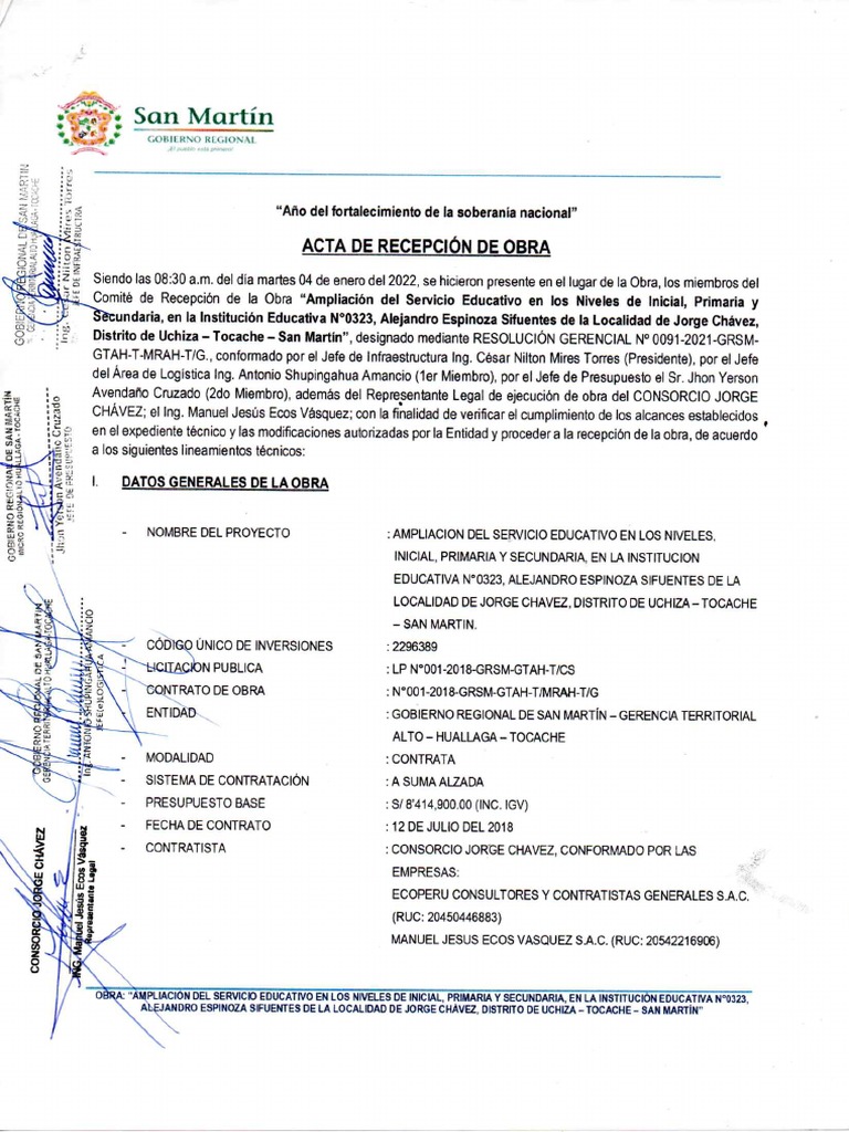 Acta de Recepcion de Obra | PDF