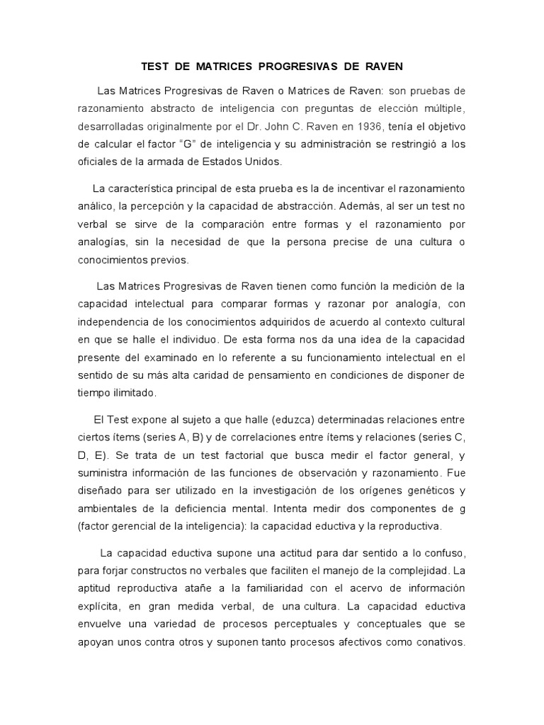 Test de Raven | PDF | Desorden hiperactivo y deficit de atencion ...