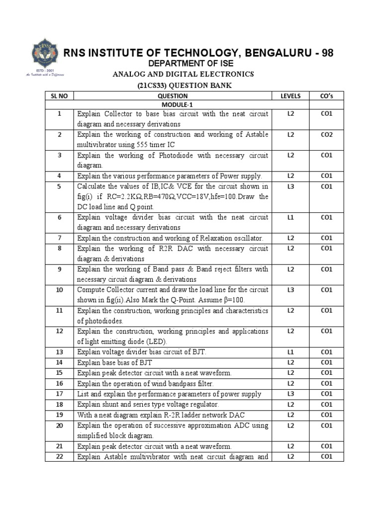 21CS33 - ADE Question Bank 7876 | PDF | Electronic Circuits ...