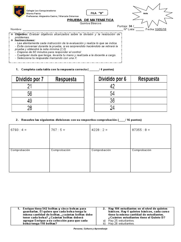Prueba Division 5 C | PDF | División (Matemáticas)