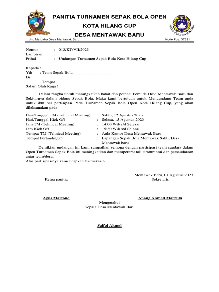 Surat Undangan Seruluh Team Sepak Bola | PDF