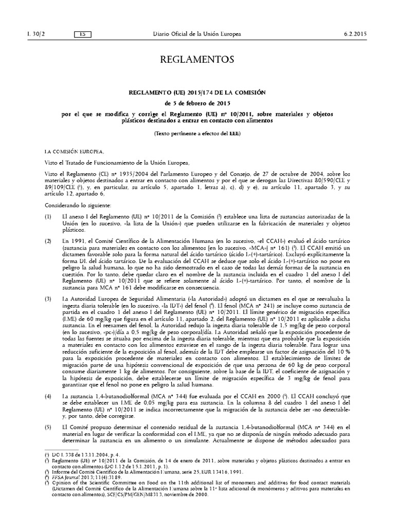 (UE) 2015-174 - Reglamento Que Modifica y Corrige El Reglamento (UE) #10-2011 | PDF | Alimentos ...