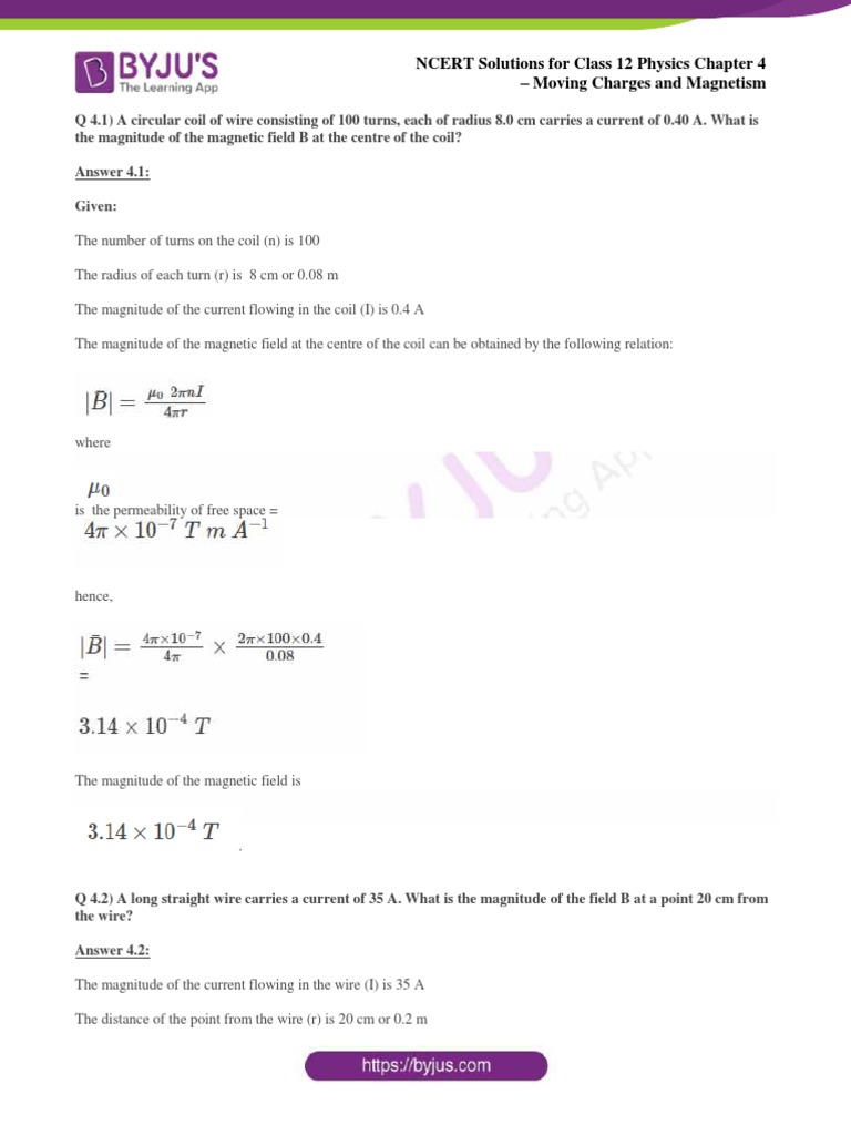 NCERT Solutions For Class 12 Physics Chapter 4 Moving Charges and Magnetism 1 | PDF | Electron ...