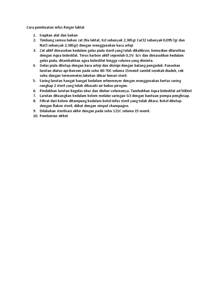 Cara Pembuatan Sediaan Infus Ringer Laktat | PDF