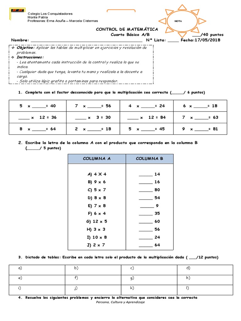 Control Tablas | PDF | Multiplicación
