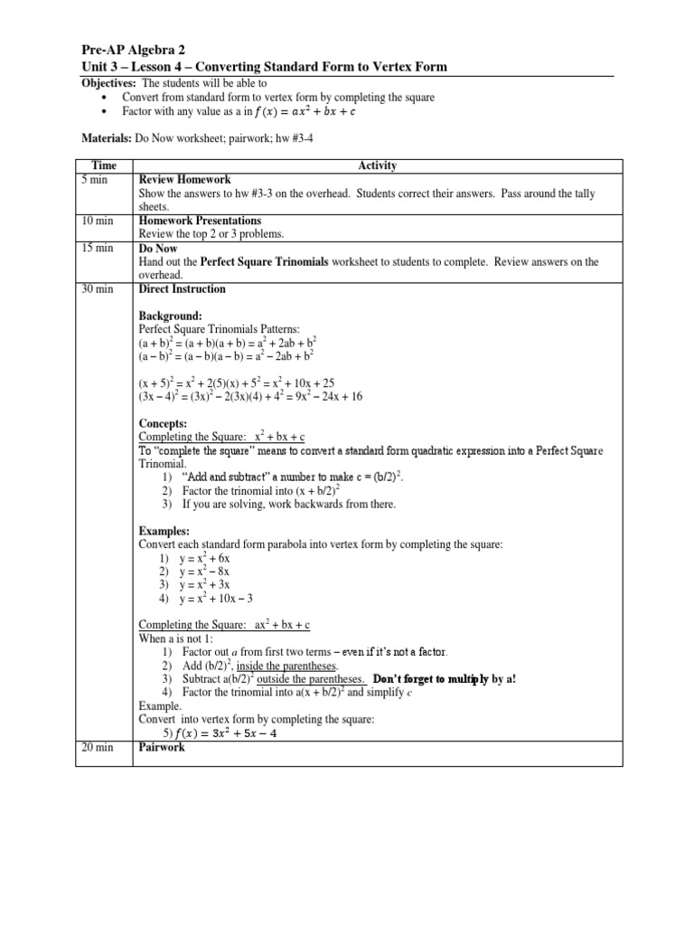 Unit 3 - Lesson 4 - Converting Standard To Vertex Form | PDF
