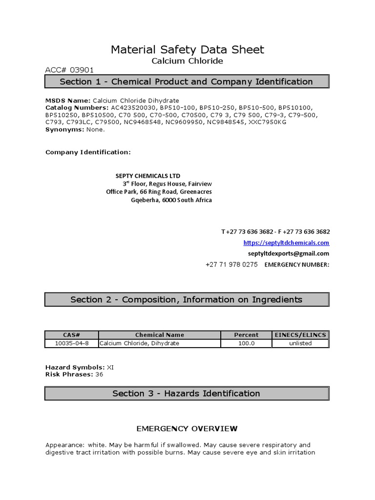 Material Safety Data Sheet: Section 1 - Chemical Product and Company Identification | PDF ...