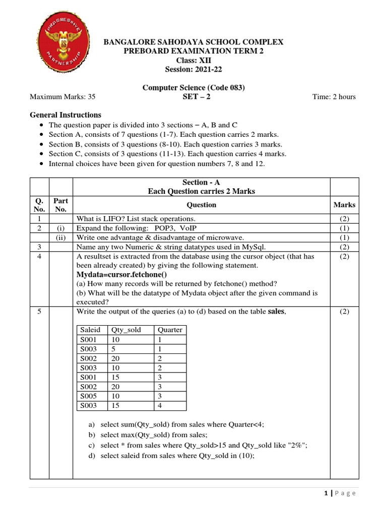 Bangalore Sahodaya Class XII CS Preboard Exam | PDF | Sql | Local Area Network