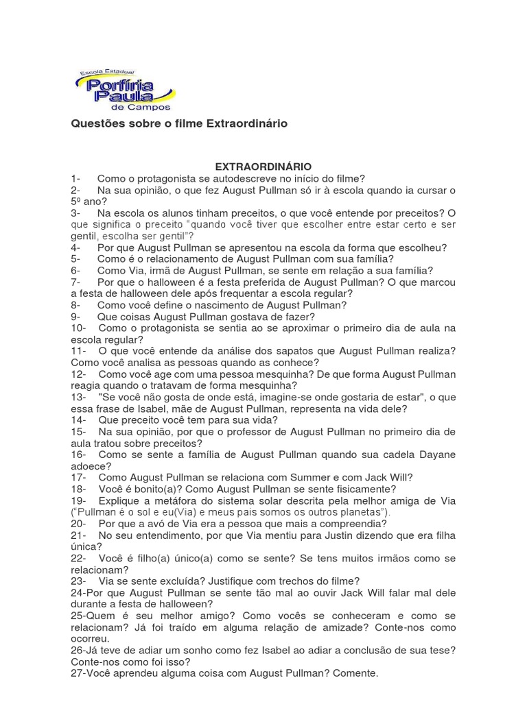 atividade filme Extraordinário | PDF