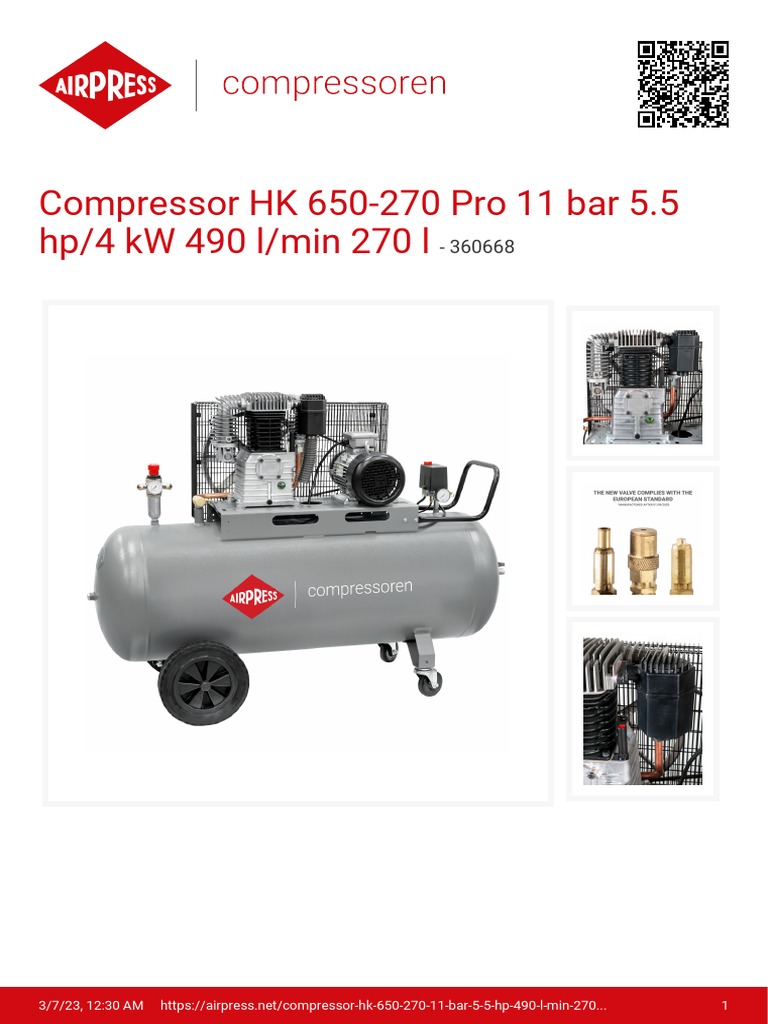 Compressor HK 650-270 Pro 11 Bar 5.5 hp4 KW 490 Lmin 270 L | PDF