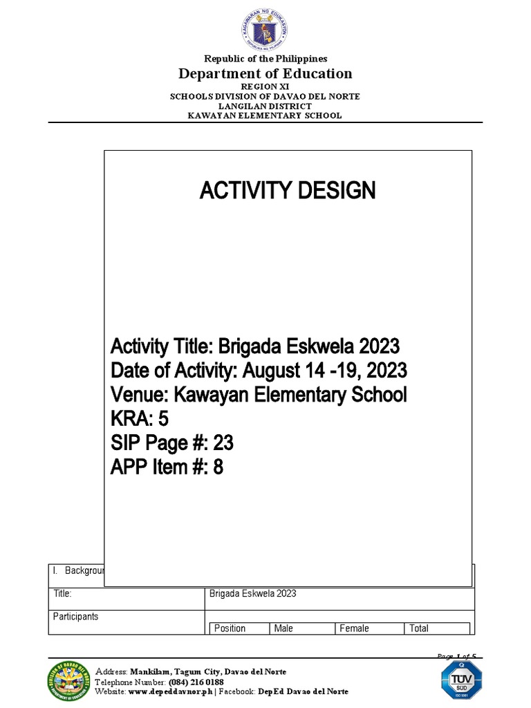 Brigada Eskwela 2023 Activity Design | PDF