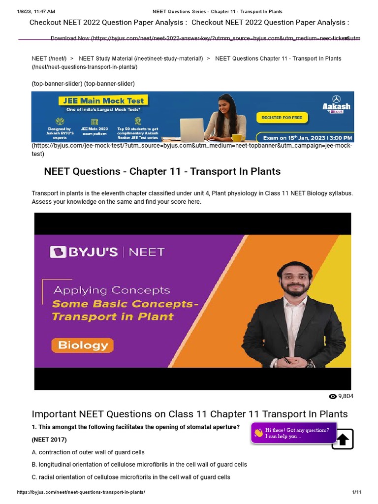 NEET Questions Series - Chapter 11 - Transport in Plants | PDF | Area | Plants