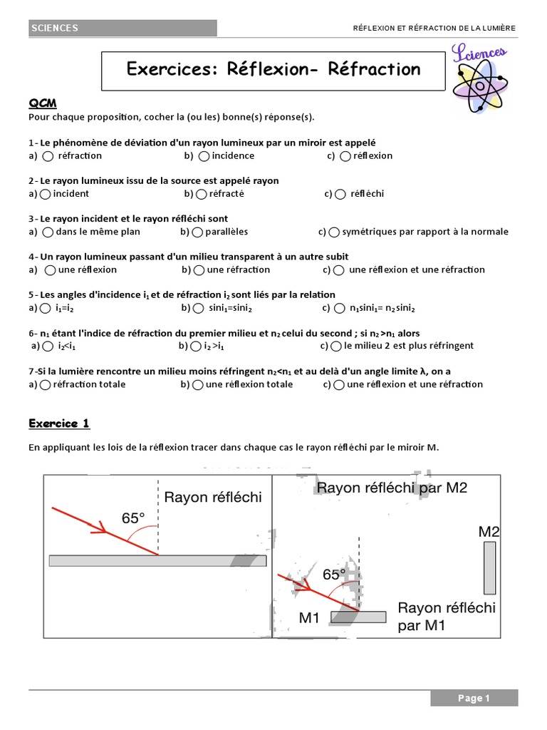 Exercices sur la réflexion et réfraction | PDF | Réfraction | Science ...